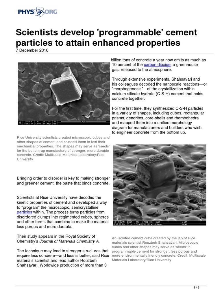 Scientists Develop 'Programmable' Cement Particles To Attain Enhanced ...