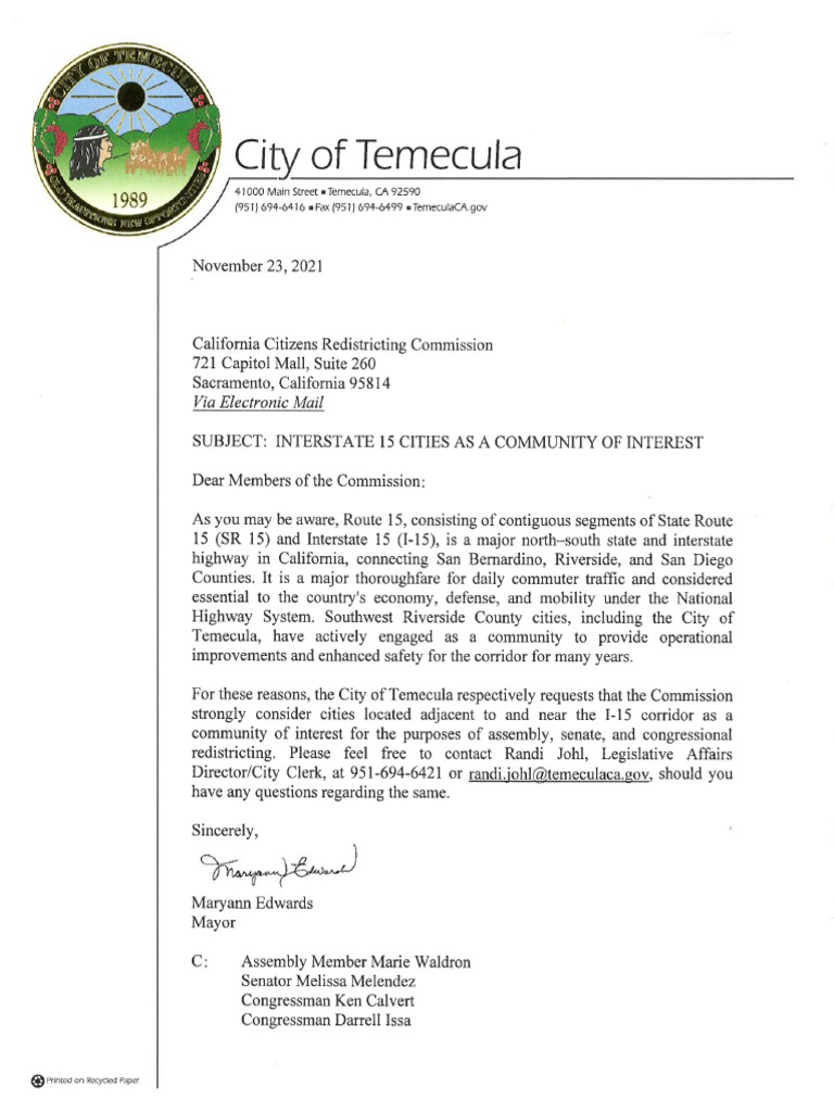 City of Temecula Letter On Redistricting | PDF
