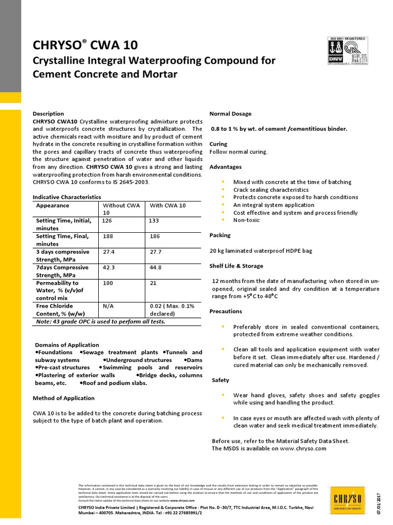 Chryso CWA 10: Crystalline Integral Waterproofing Compound For Cement Concrete and Mortar ...