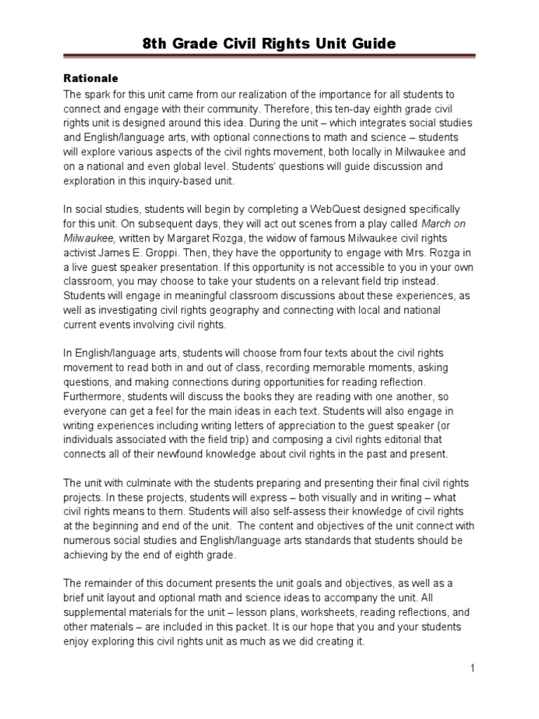8th Grade Civil Rights Unit Overview | PDF | Reading (Process) | Rights