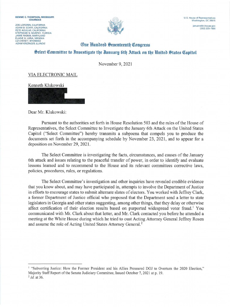 Kenneth Klukowski Subpoena Nov 9 | PDF