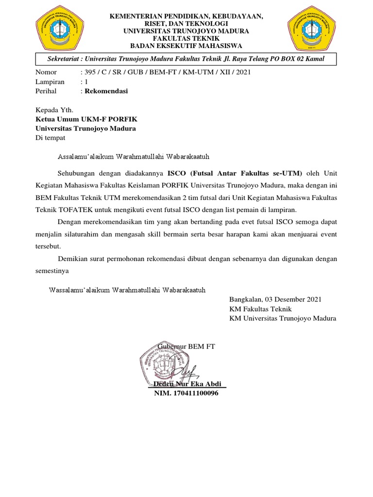 Surat Rekomendasi BEM Untuk TOFATEK | PDF