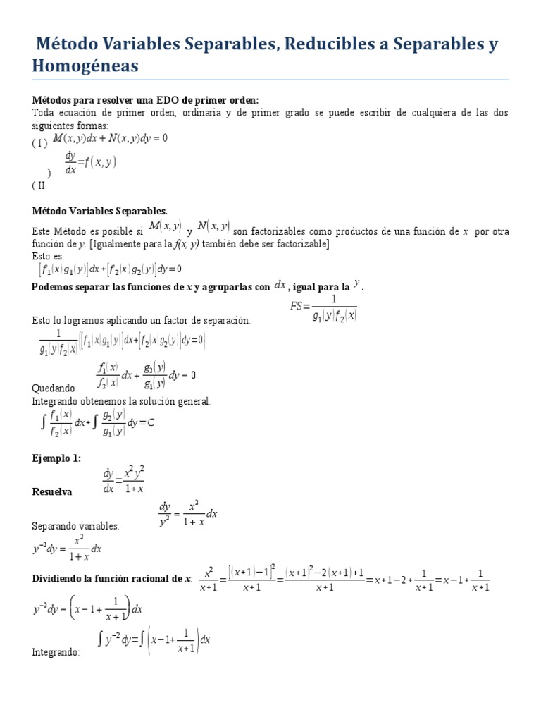 Método Variables Separables, Reducibles A Separables y Homogéneas | PDF | Logaritmo | Ecuaciones