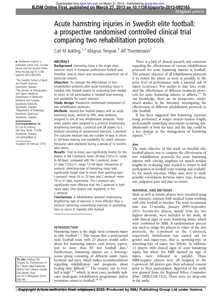 Hamstring Injuries in Swedish Elite Football. Askling Et Al. 2013 | PDF ...