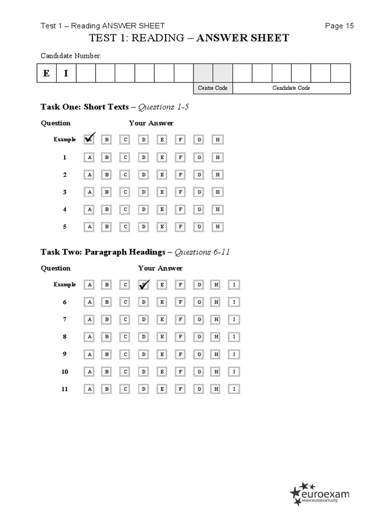 Test 1 Reading Answer Sheet | PDF