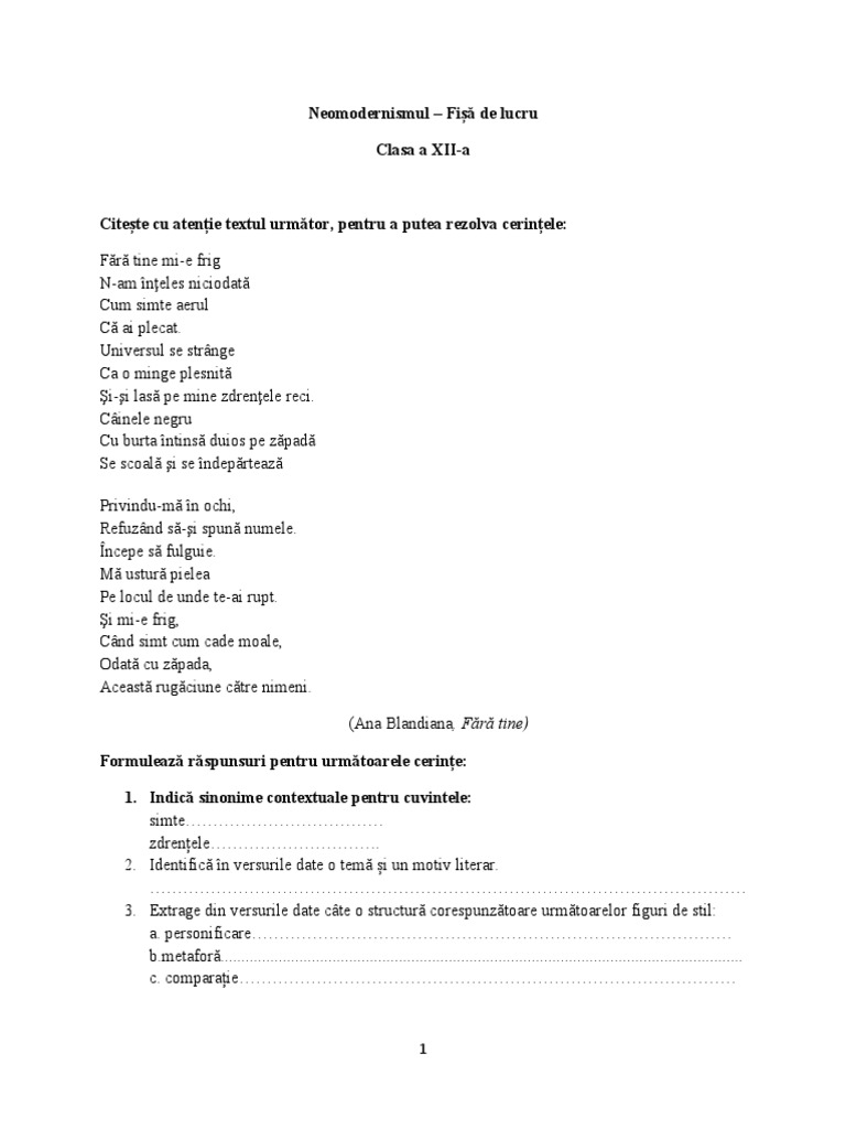 Clasa A Xiia Neomodernismul Fisa de Lucru | PDF