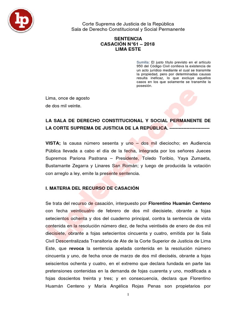 Casacion-61-2018-Lima-Este-LP - JUSTO TITULO - PRESCRIPCION ADQUISITIVA ... Casacion-61-2018-Lima-Este-LP - JUSTO TITULO - PRESCRIPCION ADQUISITIVA ...