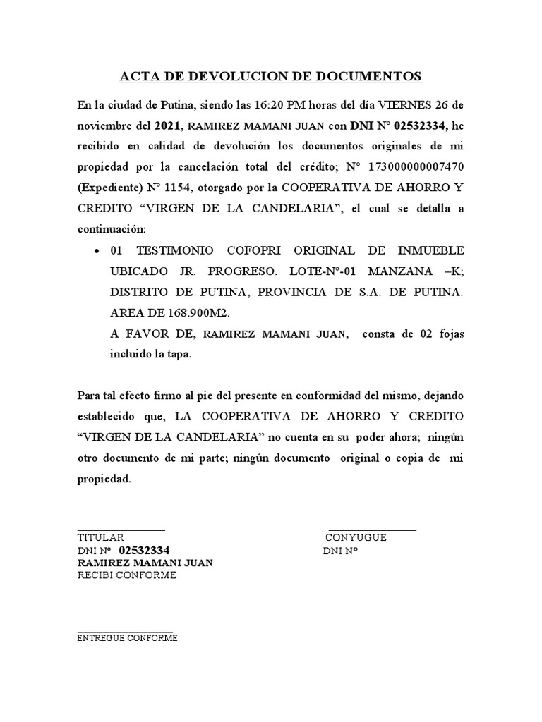 Acta de Devolucion de Documentos | PDF | Derecho