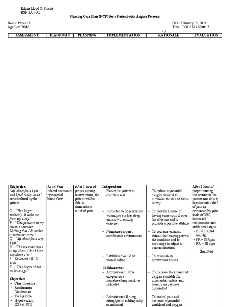 Nursing Care Plan (NCP) For A Patient With Angina Pectoris | PDF | Pain ...