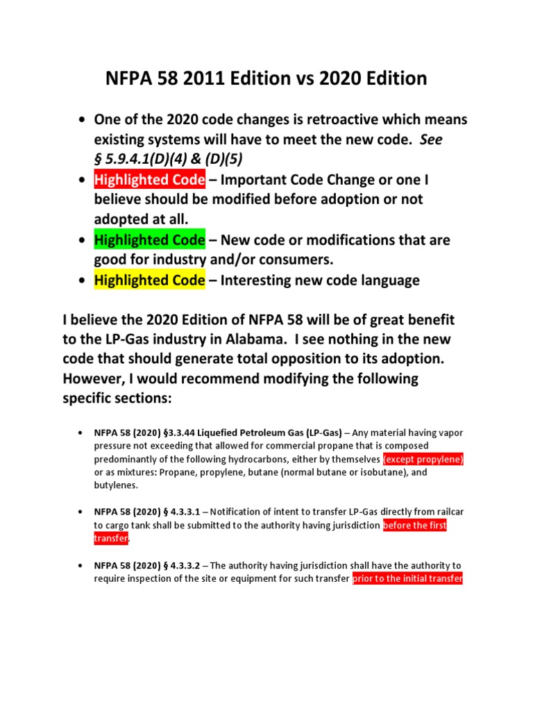 NFPA 58 Code Changes: 2011 vs 2020 | PDF | Propane | Pipe (Fluid ...
