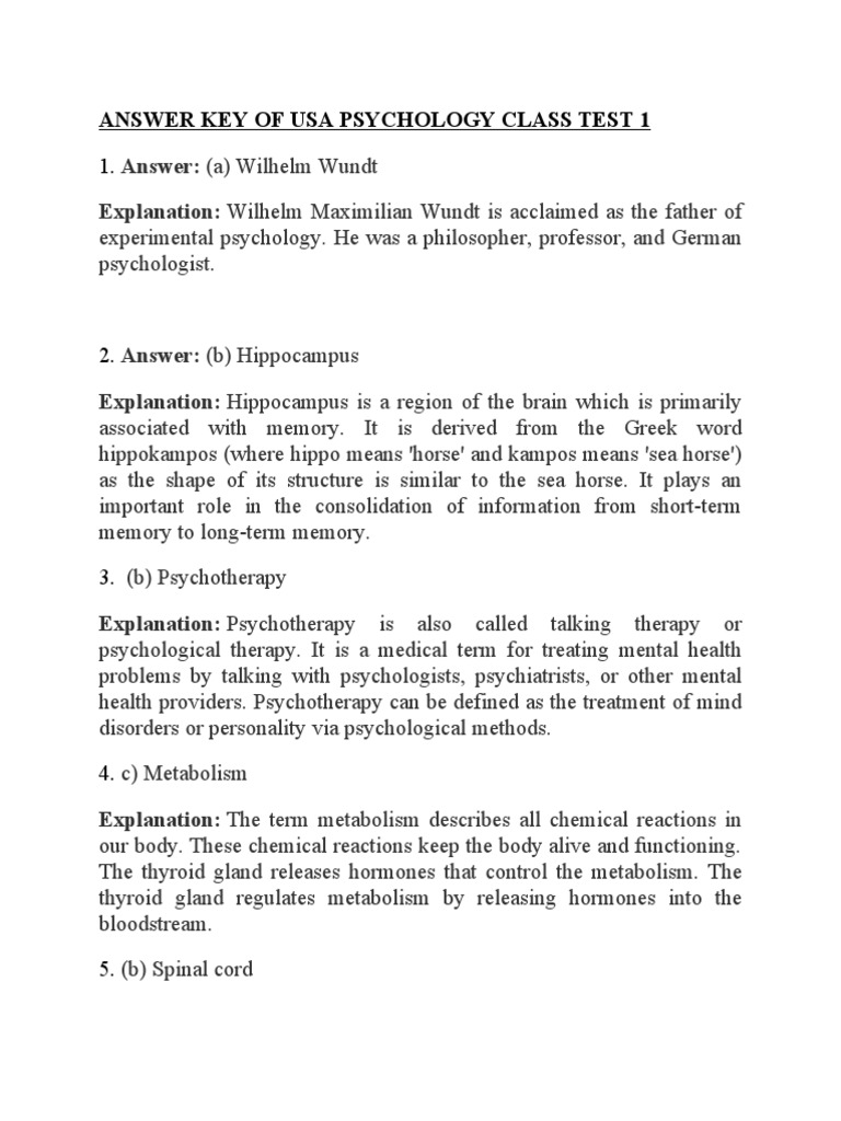 Answer Key of Usa Psychology Class Test 1 | PDF