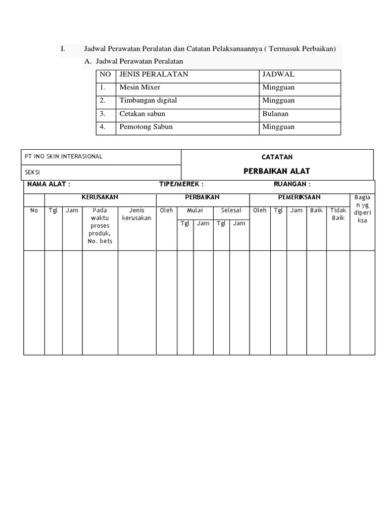 4.2 Jadwal Perawatan Peralatan Dan Catatan Pelaksanaannya-Dikonversi | PDF