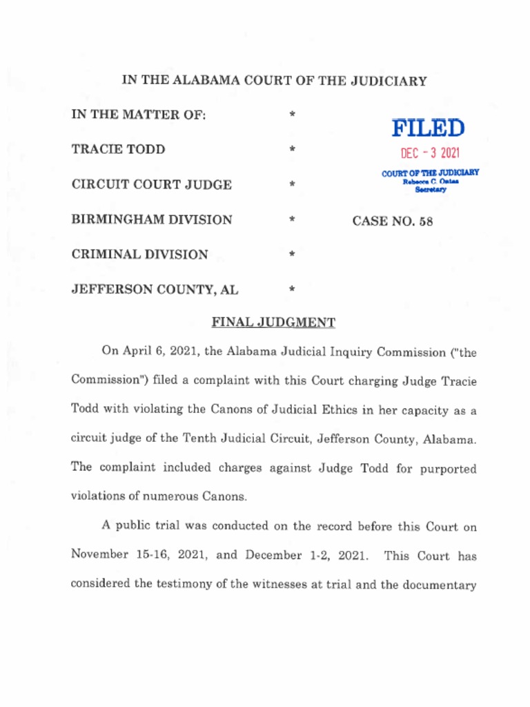 Judge Tracie Todd Final Judgment by Alabama Court of The Judiciary | PDF