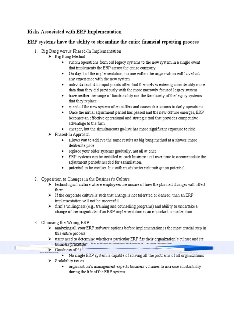 Risks Associated With ERP Implementation ERP Systems Have The Ability ...