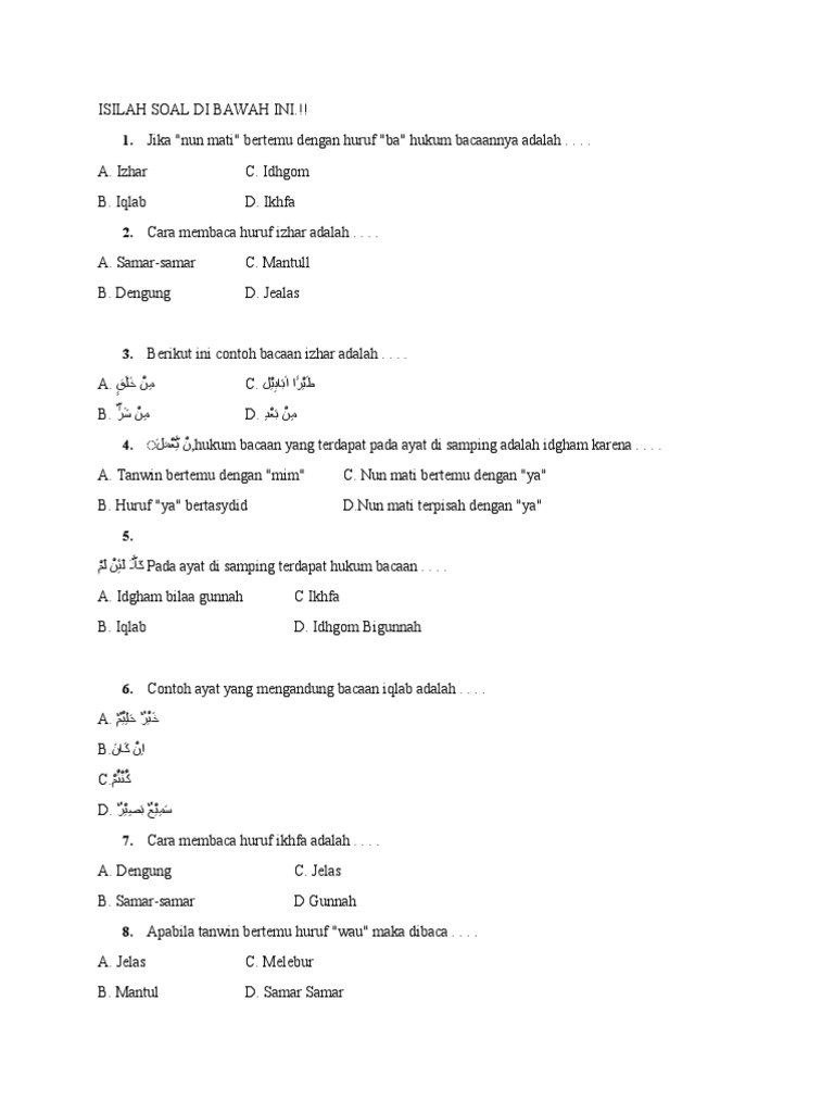 Soal Pas SMST 1 BTQ 7 | PDF | Seni & Disiplin Bahasa | Kajian Bahasa Asing
