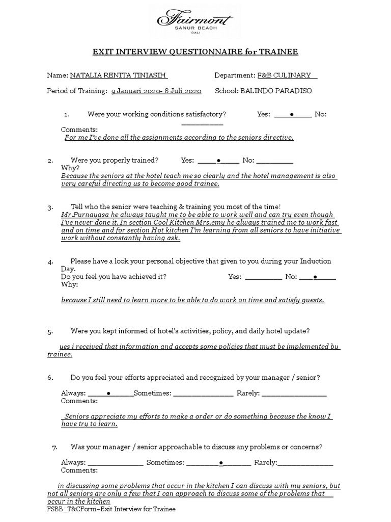 FSBB - TC - Exit Interview Form Bara | PDF | Cognition