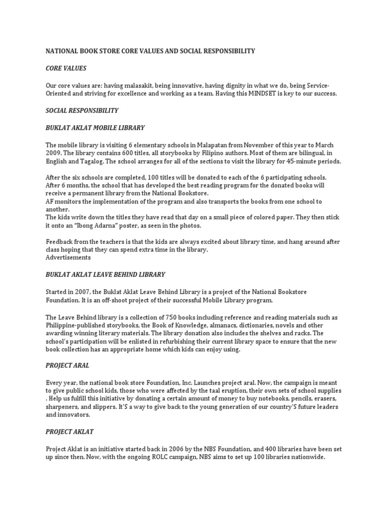 National Book Store Core Values and Social Responsibility | PDF ...