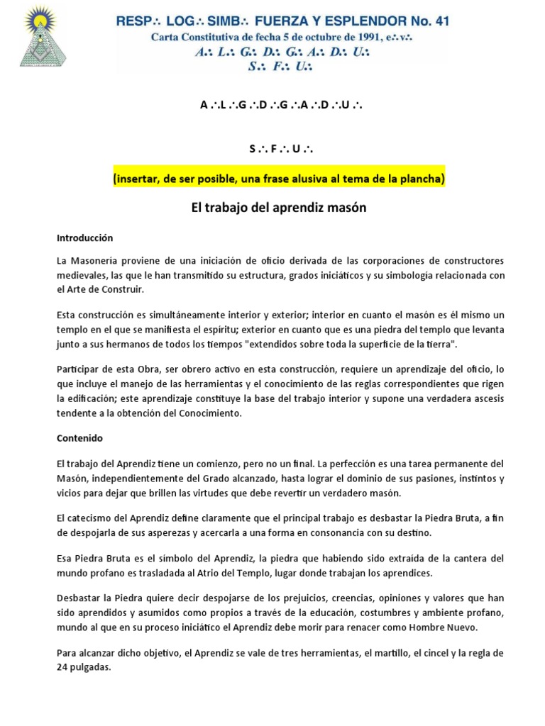 El Trabajo Del Aprendiz Mason - Sergio Rodrigo Terrazas Zenteno | PDF ...