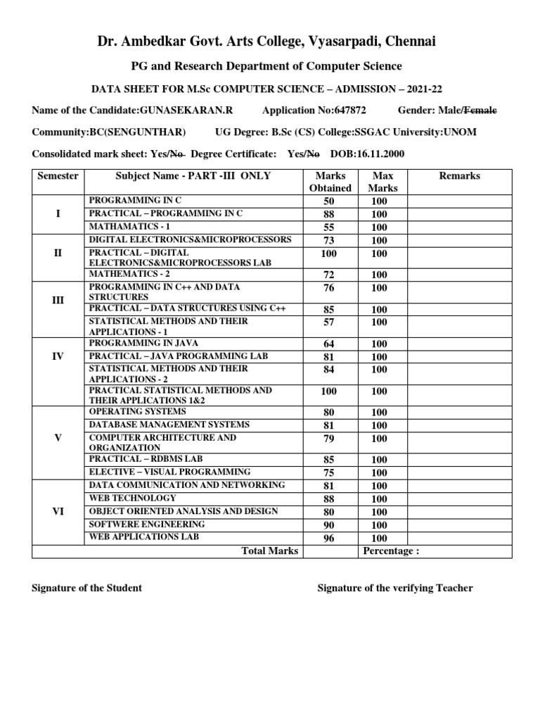 MSc Computer Science Admission Data Sheet 2021 | PDF | Computer Science ...
