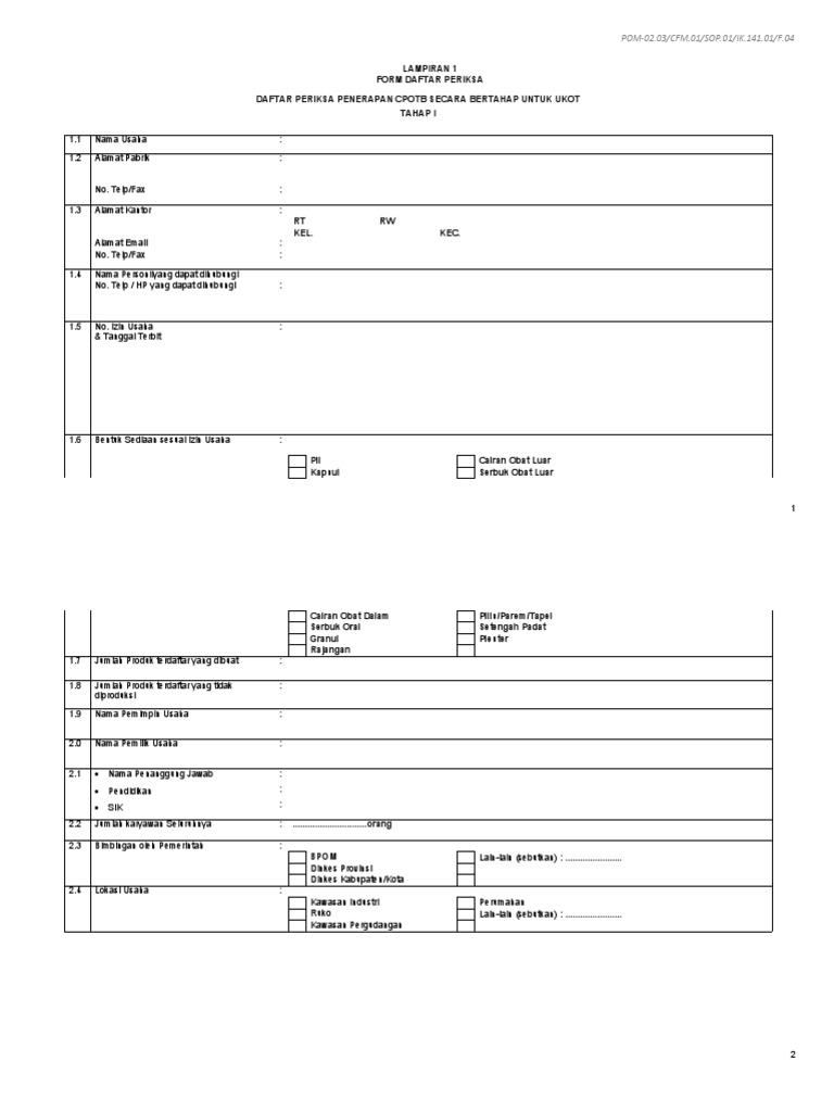 Daftar Periksa Cpotb Tahap 1 Ukot | PDF