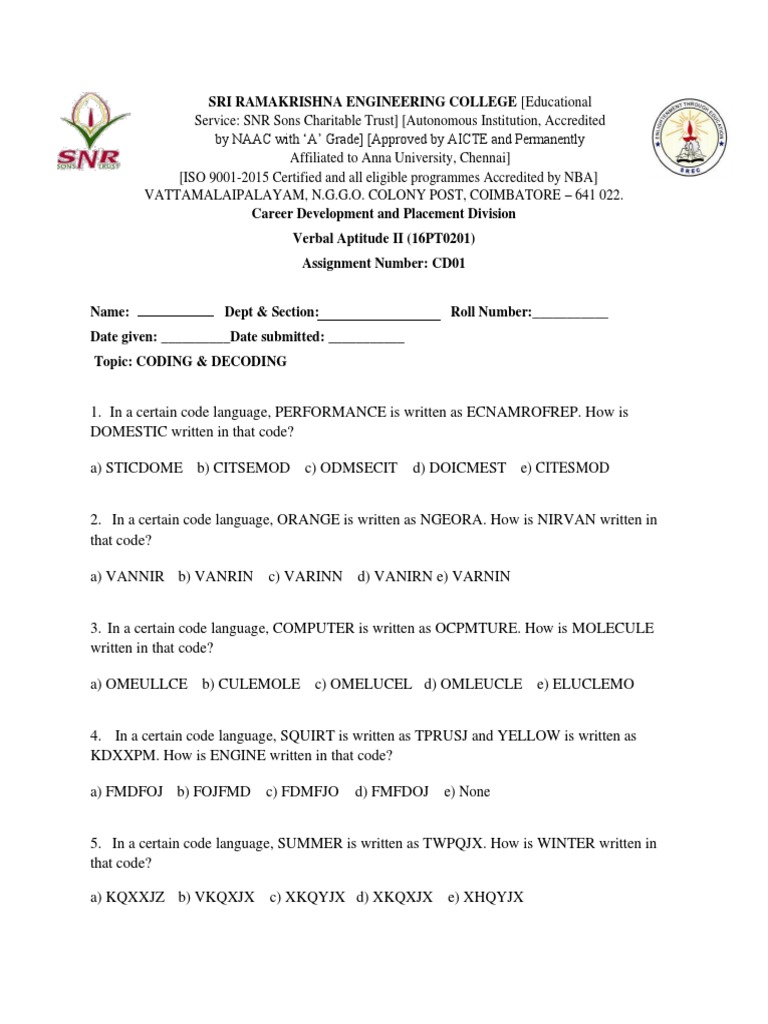 Coding & Decoding Workout | PDF | Consonant | Vowel