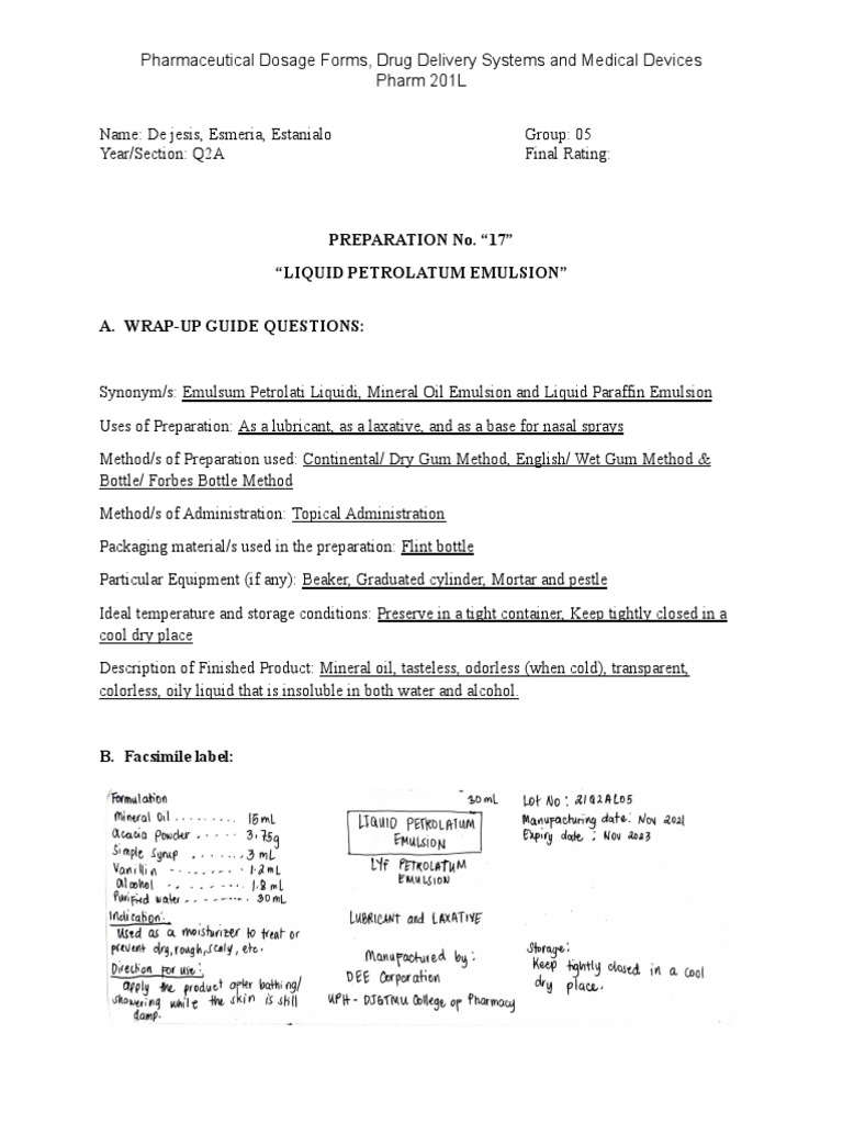 Preparation No. "17" "Liquid Petrolatum Emulsion" A. Wrap-Up Guide ...