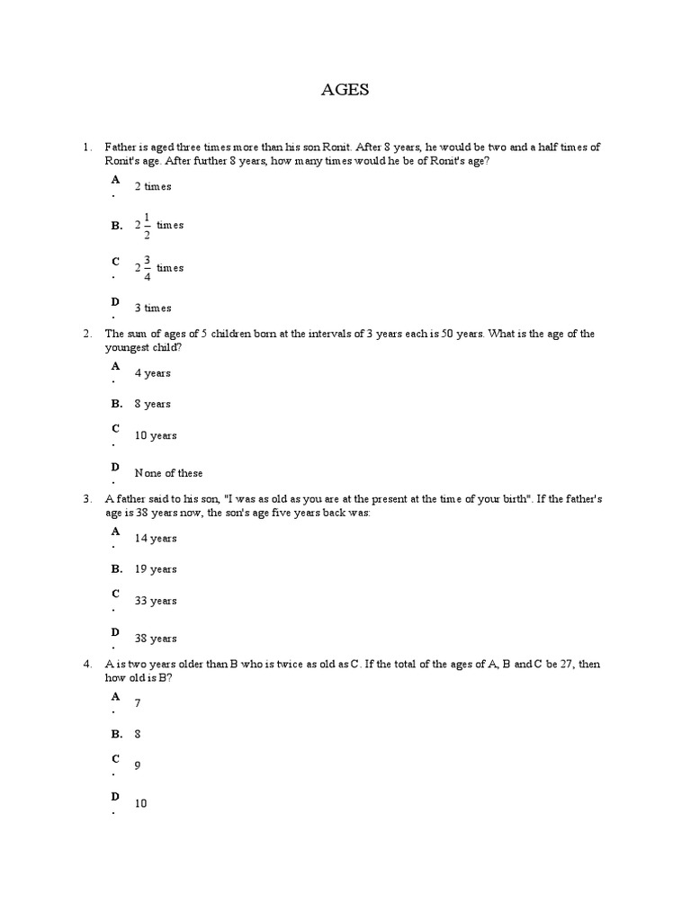 Ages and Ratios: Solving Problems Involving Relative Ages | PDF ...