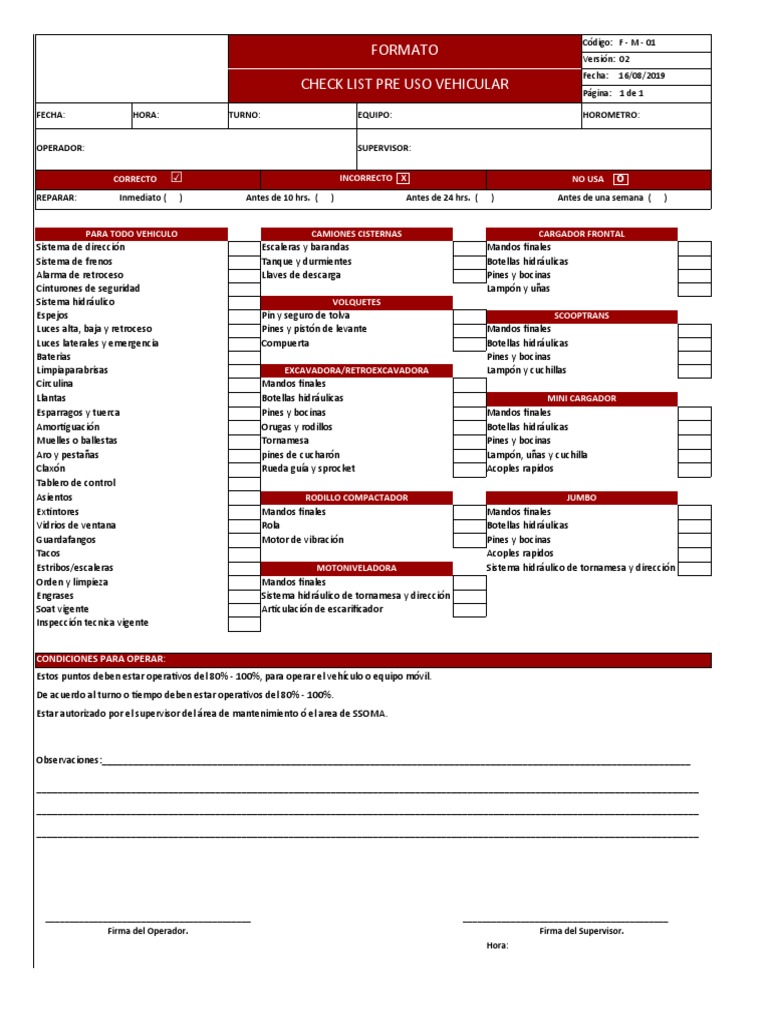 Formato Checklist | PDF | Industria automotriz | Bienes manufacturados