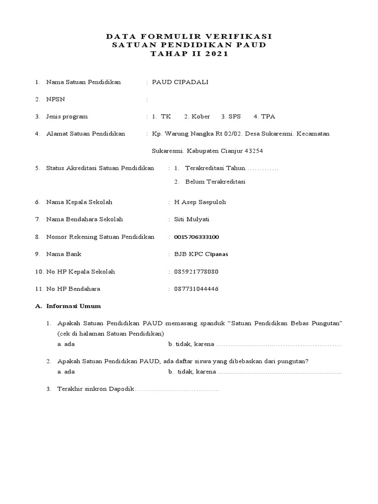 Instrumen Monev Paud Tahap Ii 2021 | PDF