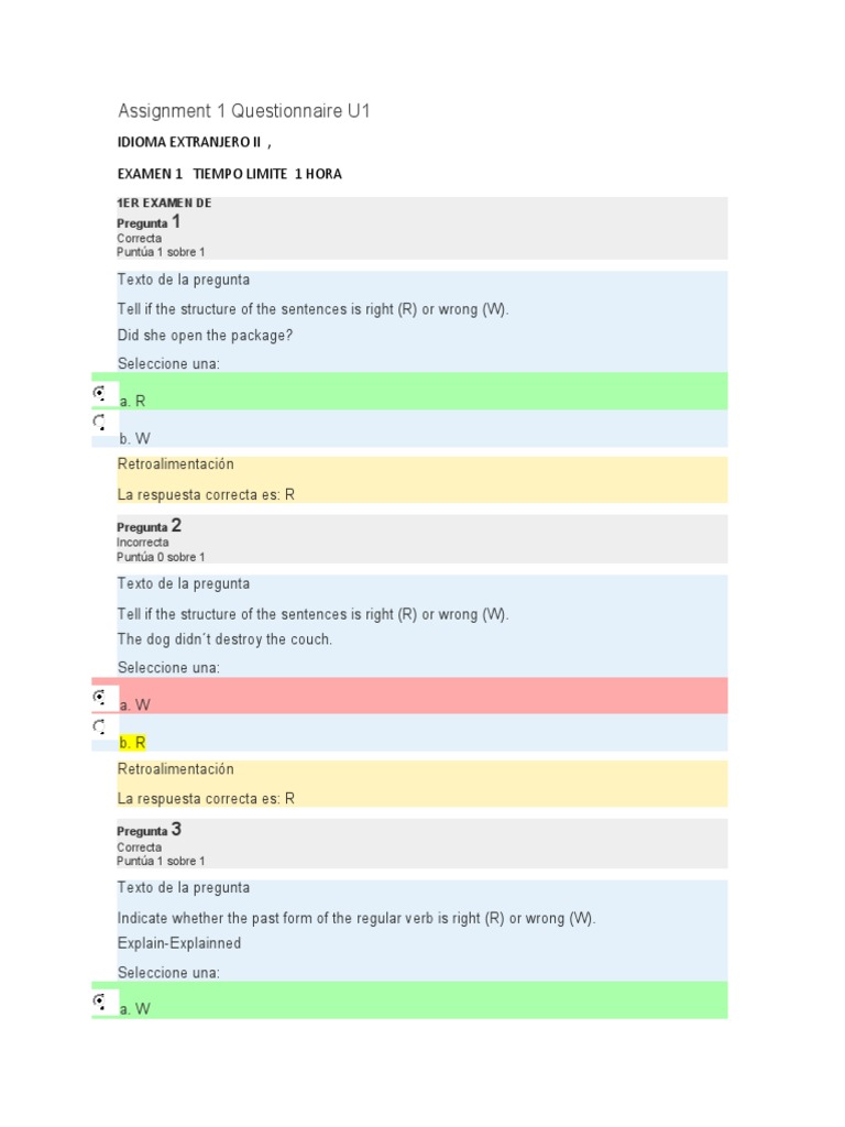 EXAMEN 2 ASL Assignment 1 Questionnaire U1 INGLES 2 | PDF