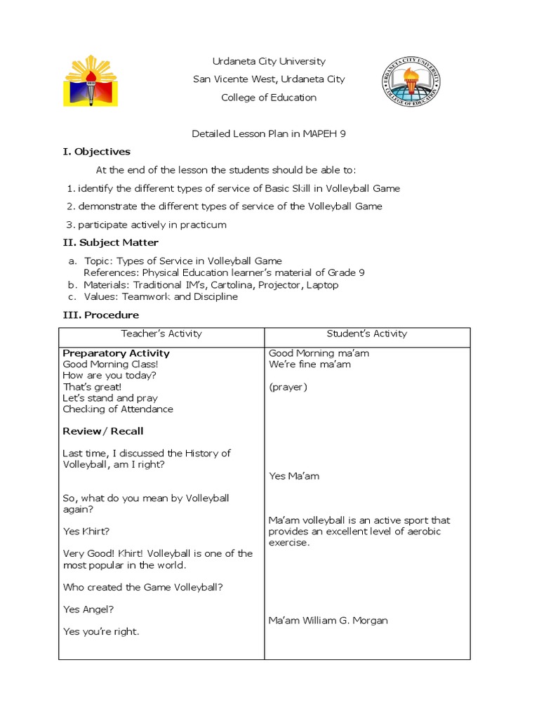 Lesson PLan in Volleyball | PDF | Volleyball | Pitcher