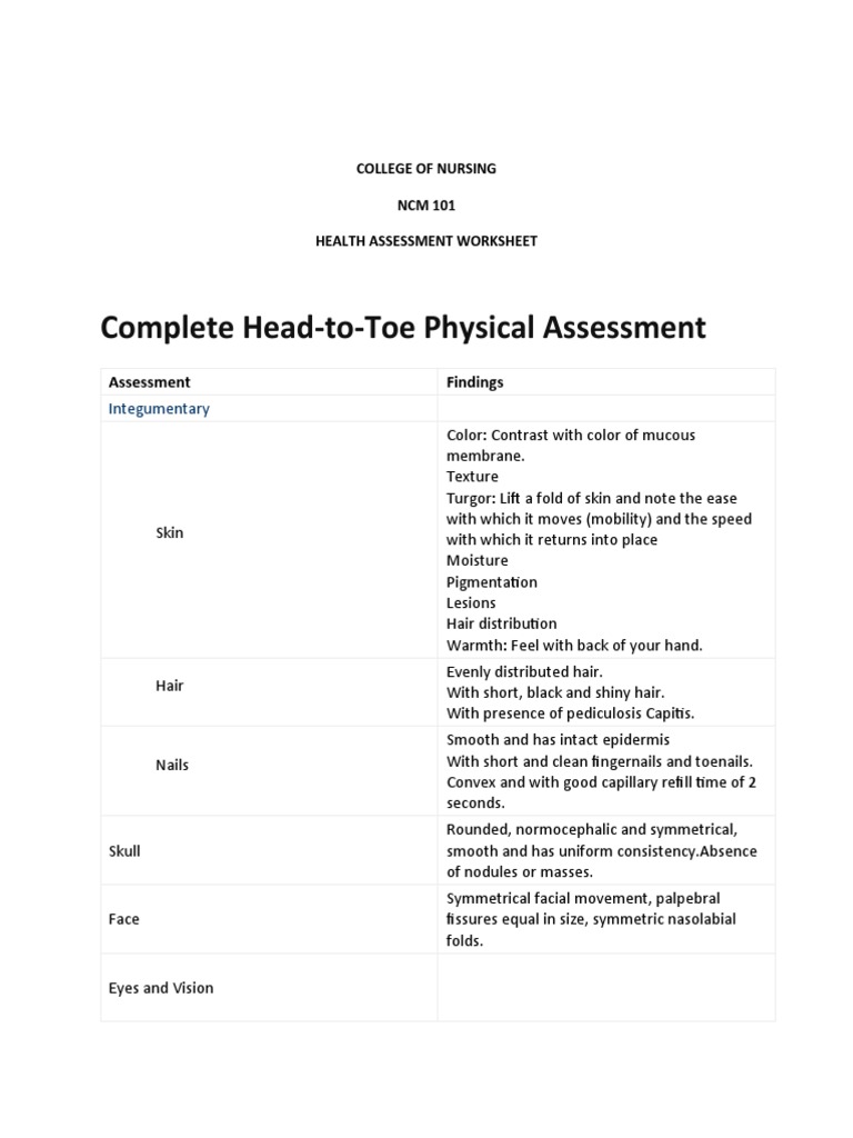 Head To Toe Assessment Worksheet | PDF | Abdomen | Human Nose