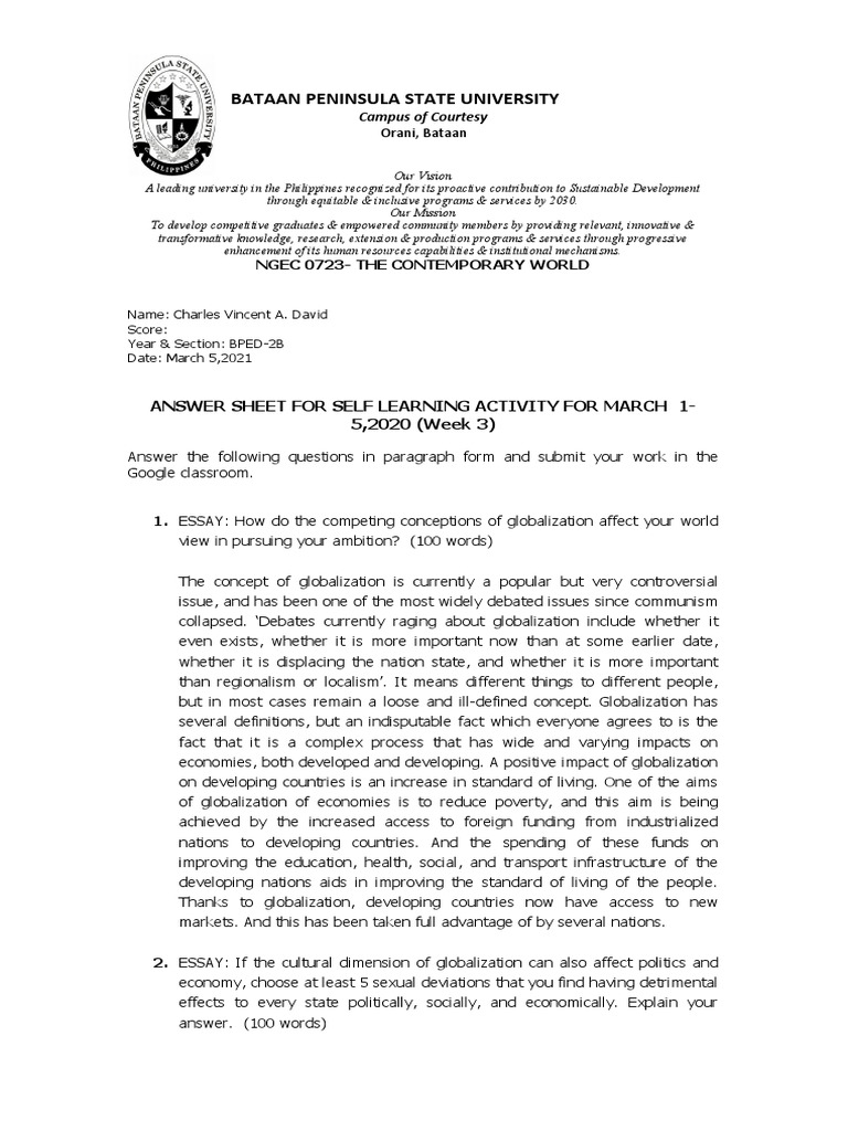 Charles Vincent David - Answer Sheet For Self Learning Activity in Ngec 0723 (TCW) Ay 2020-2021 ...