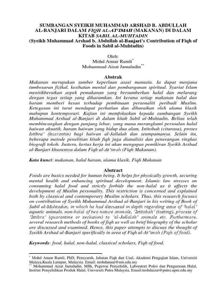 Exploring Syeikh Muhammad Arshad al-Banjari's Contributions to the Fiqh of Foods (Fiqh al-At ...