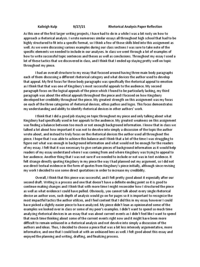 Rhetorical Analysis Reflection Essay | PDF | Rhetoric | Essays