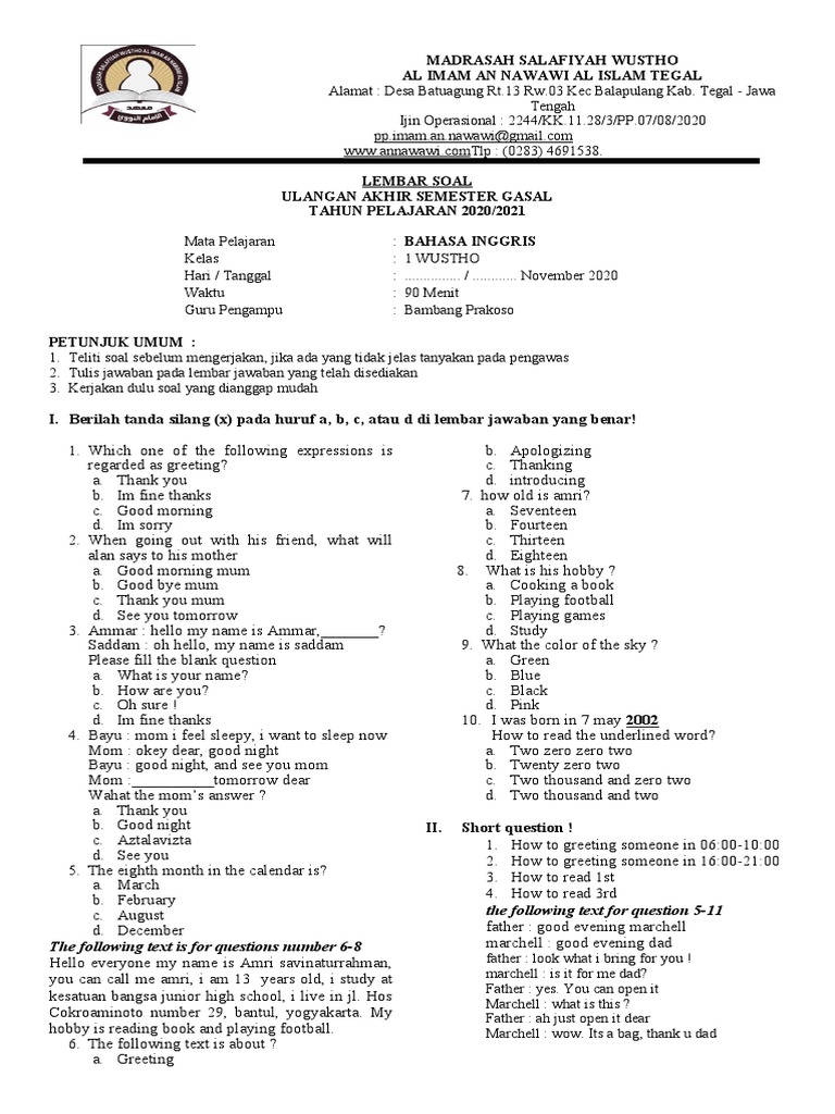Soal Bahasa Inggris Kelas 1 Wustho | PDF | Languages | Foreign Language Studies