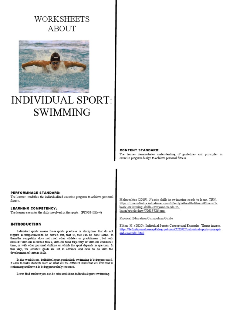 Individual Sport: Swimming: Worksheets About | PDF | Recreation | Racing