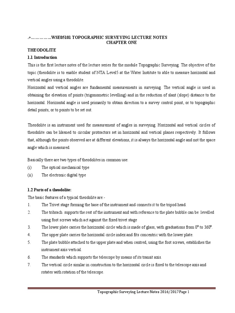 Wse05101 Topographic Surveying Lecture Notes Chapter One Theodolite ...