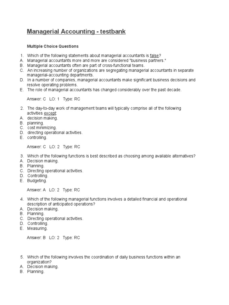 TEST BANK - Managerial Accounting | PDF | Financial Accounting ...