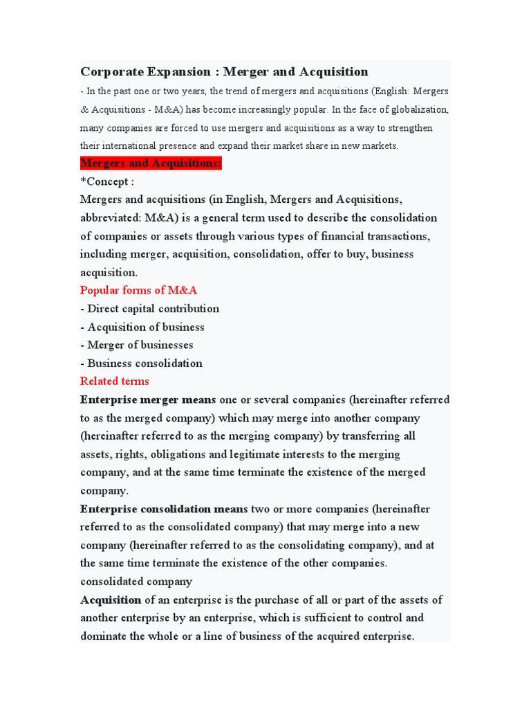 Corporate Expansion: Merger and Acquisition | PDF | Mergers And ...