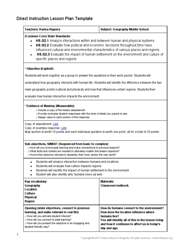 Direct Instruction Lesson Plan Template | PDF | Teachers | Lesson Plan