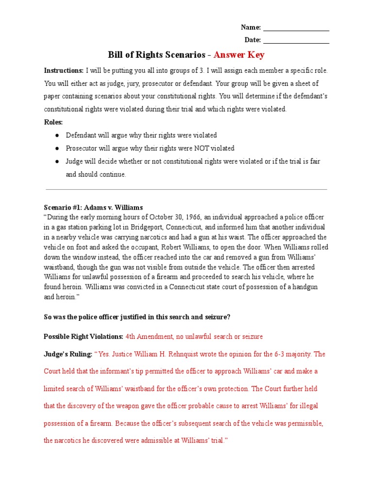 Bill of Rights Scenarios - : Answer Key | PDF | United States Law ...