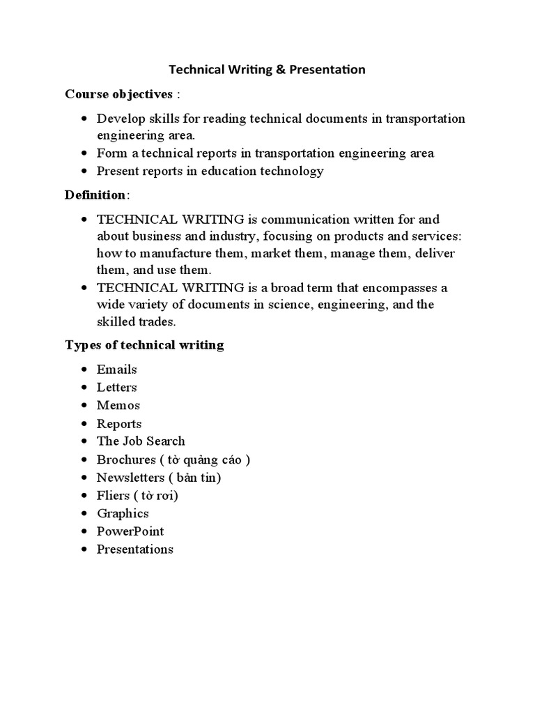 Technical Writing & Presentation Course Objectives | PDF
