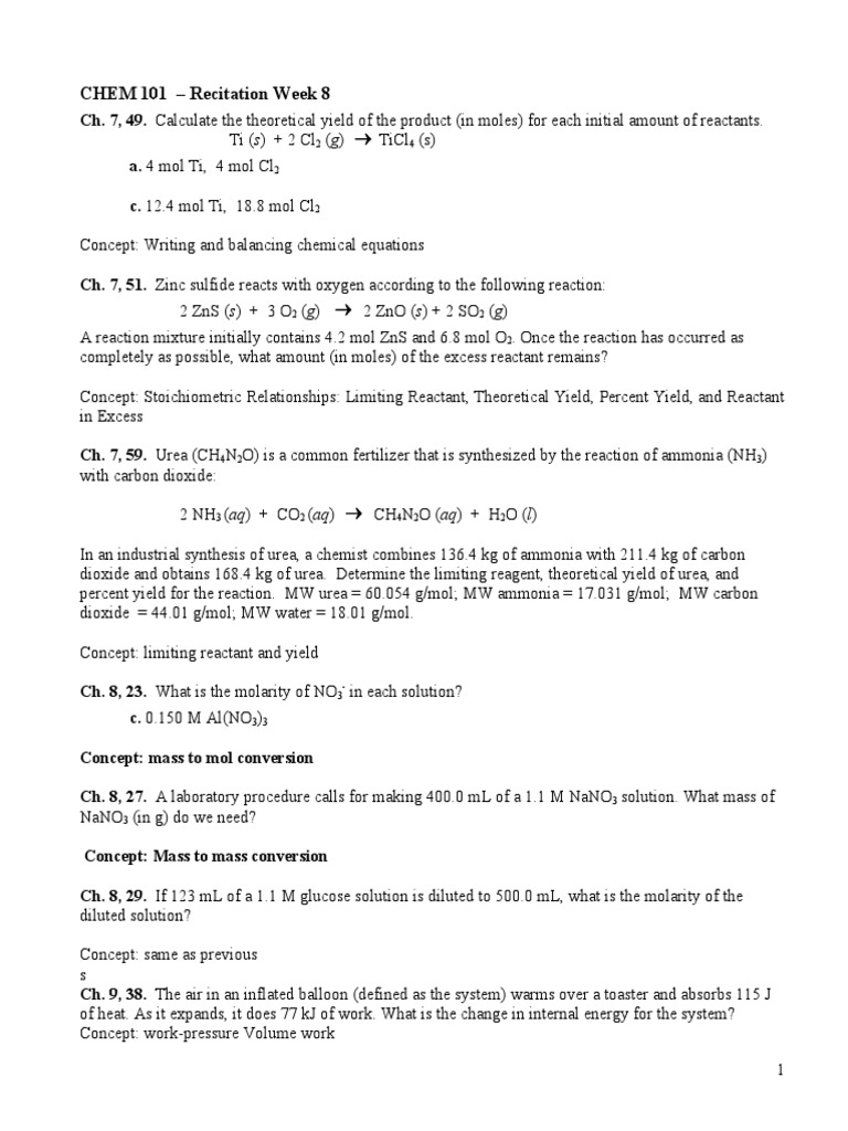CHEM 101 Recitation - Week 8 | PDF | Mole (Unit) | Urea