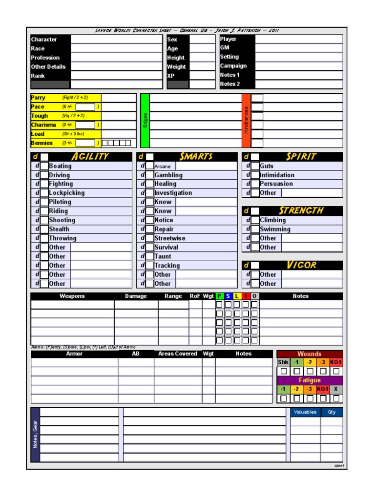 Savage Worlds - Character Sheet (Fillable) | PDF | Leisure | Leisure ...