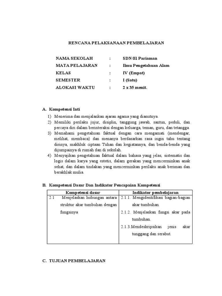 RPP Ipa Kelas 4 Akar | PDF