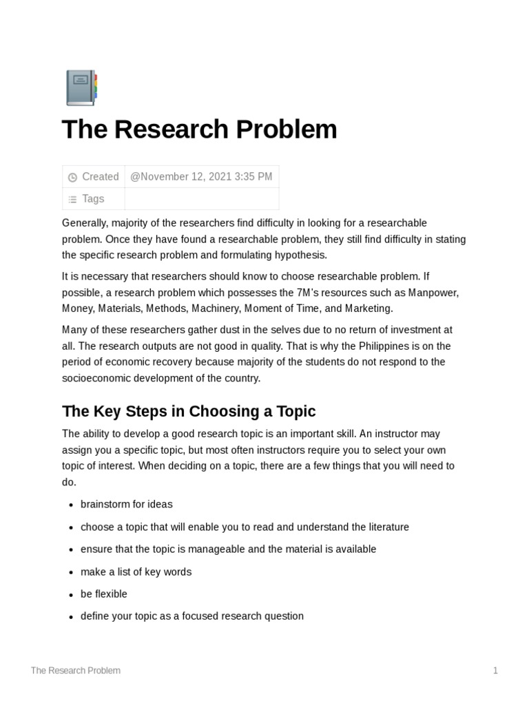 The Research Problem: The Key Steps in Choosing A Topic | PDF | Essays ...