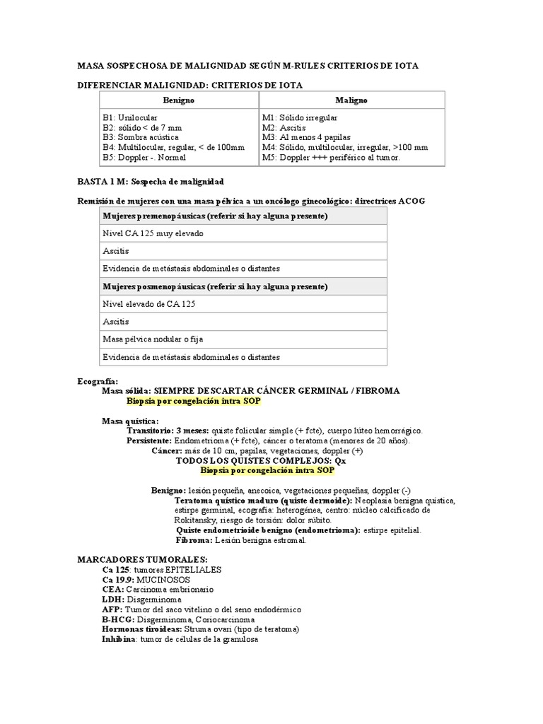 Masa Sospechosa de Malignidad Según M-Rules Criterios de Iota | PDF