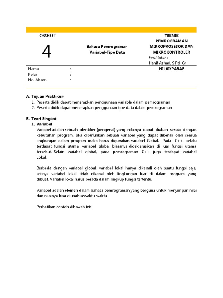 JOBSHEET 4 Code Blocks Variabel-Tipe-Data | PDF