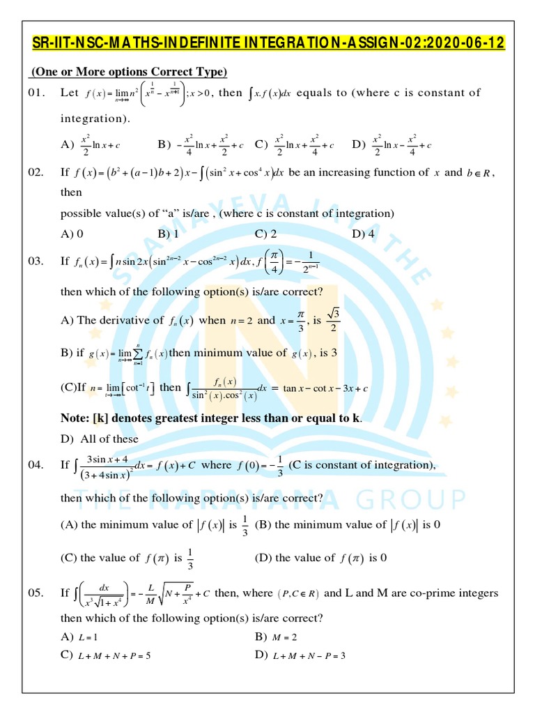 IIT JEE Advanced Integration Quiz | PDF | Trigonometric Functions ...